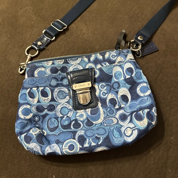 Coach | Bags | Coach Blue Monogram Crossbody Bag With Gold Clasp | Poshmark